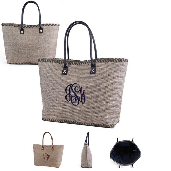 Monogrammed Jute Burlap Tote Bag Personalized Embroidered - Etsy