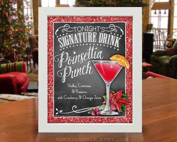 Poinsettia Punch Drink Sign With Red Glitter Border | Etsy
