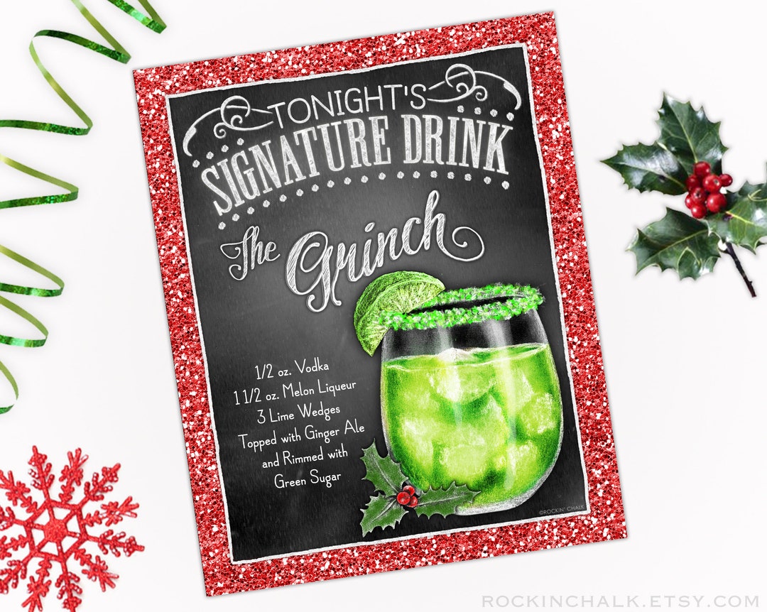 Christmas Party Grinch Drink Sign Holiday Decoration Signature Drink ...