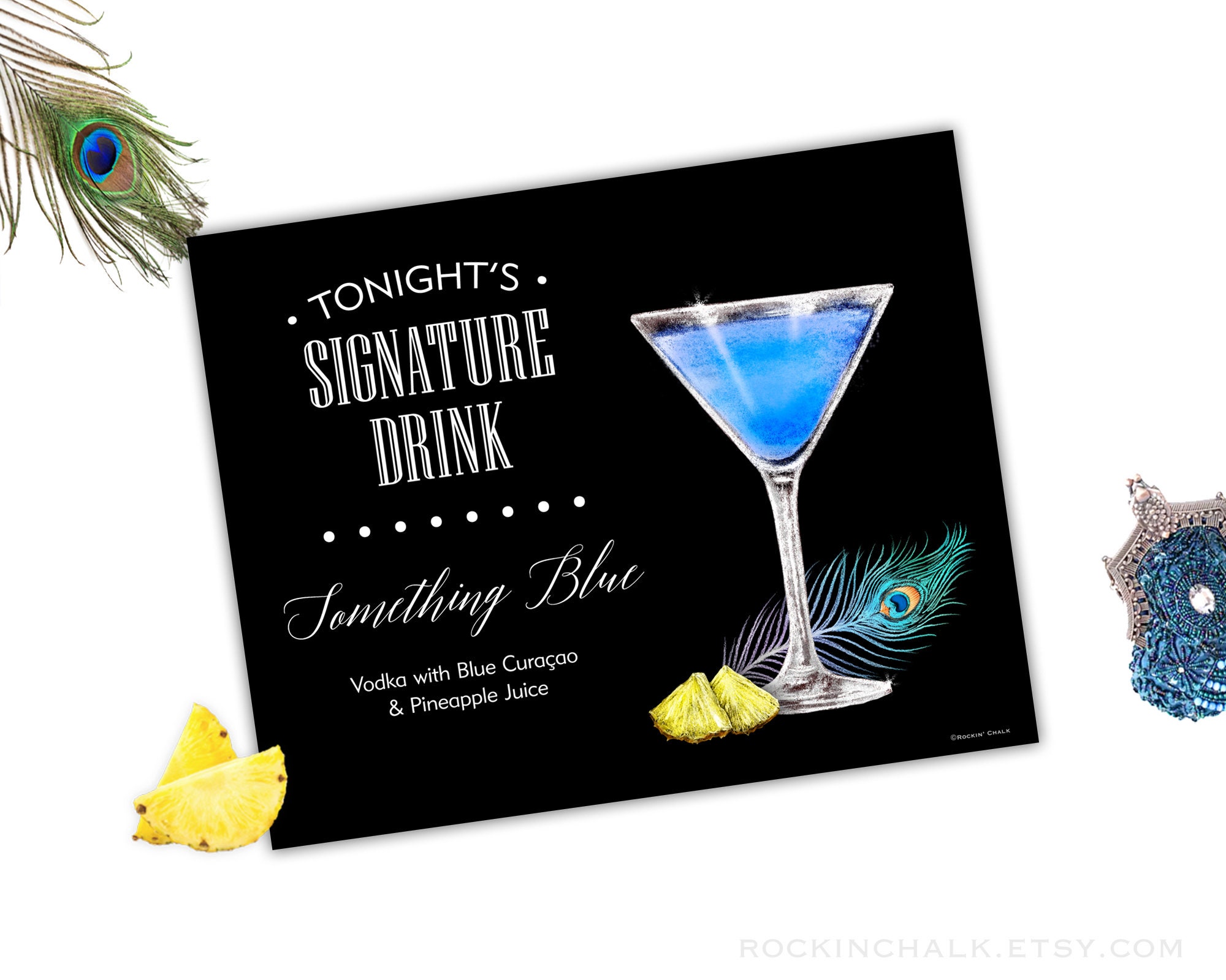 Something Blue Signature Drink Sign With Blue Peacock Feather | Etsy