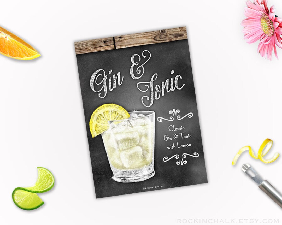 Gin and Tonic Classic Cocktail Recipe Sign Bar Decor 5x7 Chalkboard ...