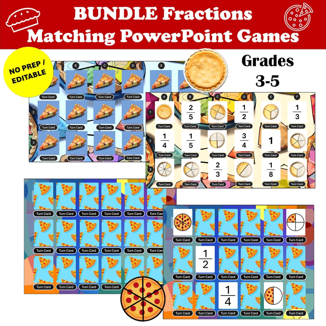 Fractions Matching Game Bundle | Pizza and Pie Theme Math Activities ...
