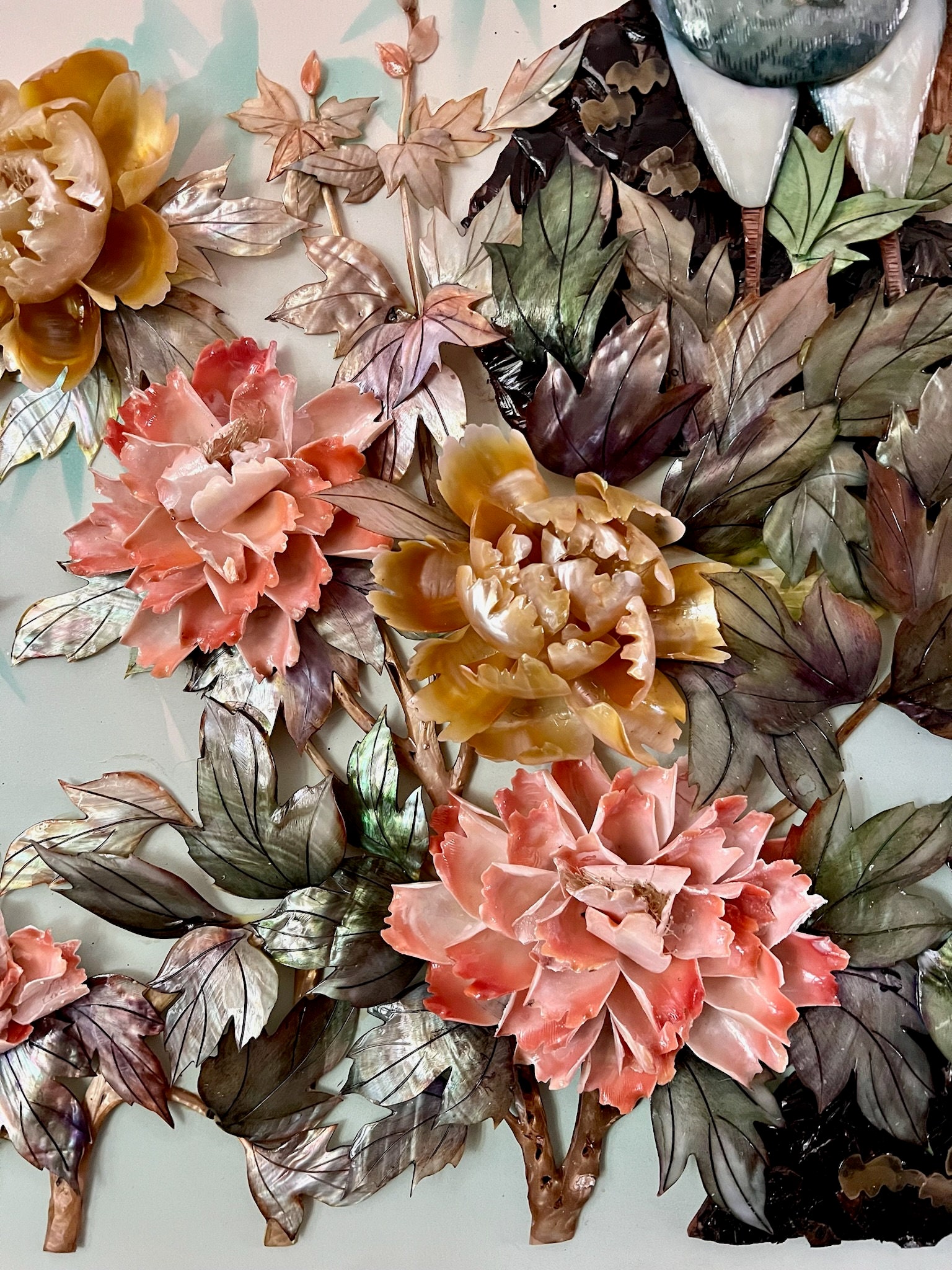 Asian Chinese 3-D Shell Relief Art Sculpture Peonies and Peacocks - Etsy