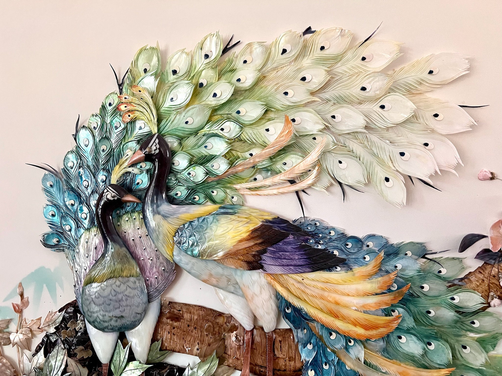 Asian Chinese 3-D Shell Relief Art Sculpture Peonies and Peacocks - Etsy