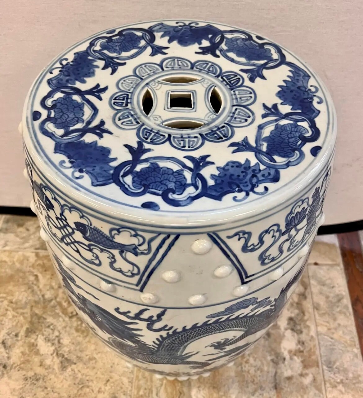 Pair of Chinese Chinoiserie Blue and White Porcelain Garden Stools Side ...