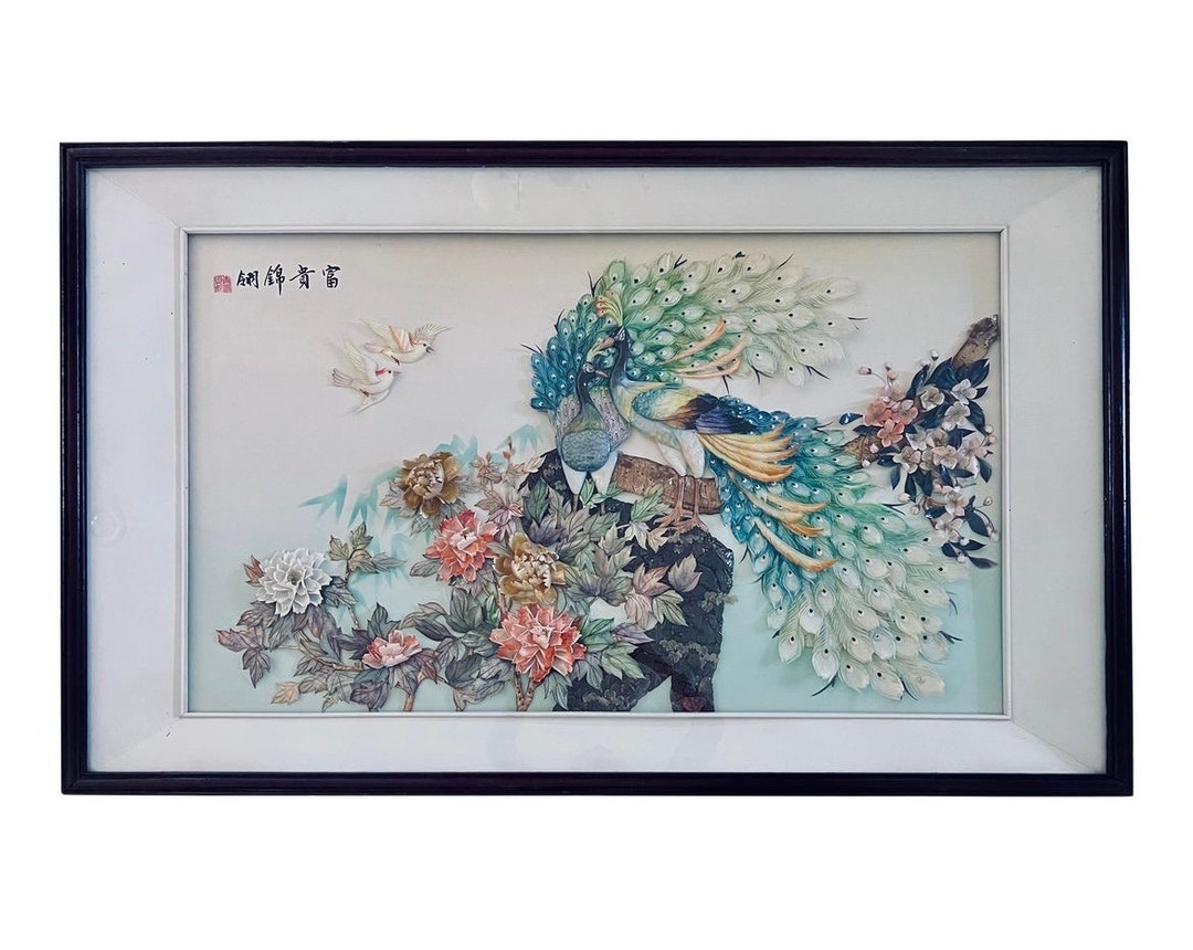 Asian Chinese 3-D Shell Relief Art Sculpture Peonies and Peacocks - Etsy
