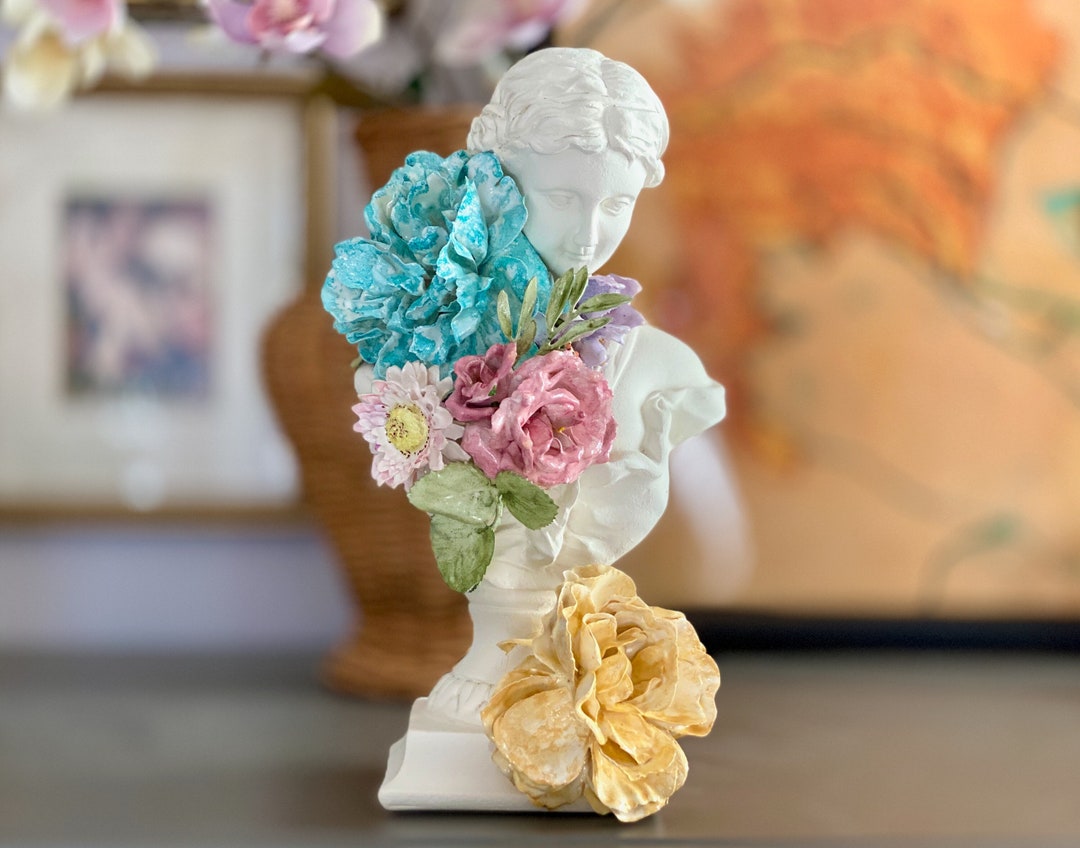 White Sculpture Female Bust Statue Head Porcelain Look Flowers One of a ...
