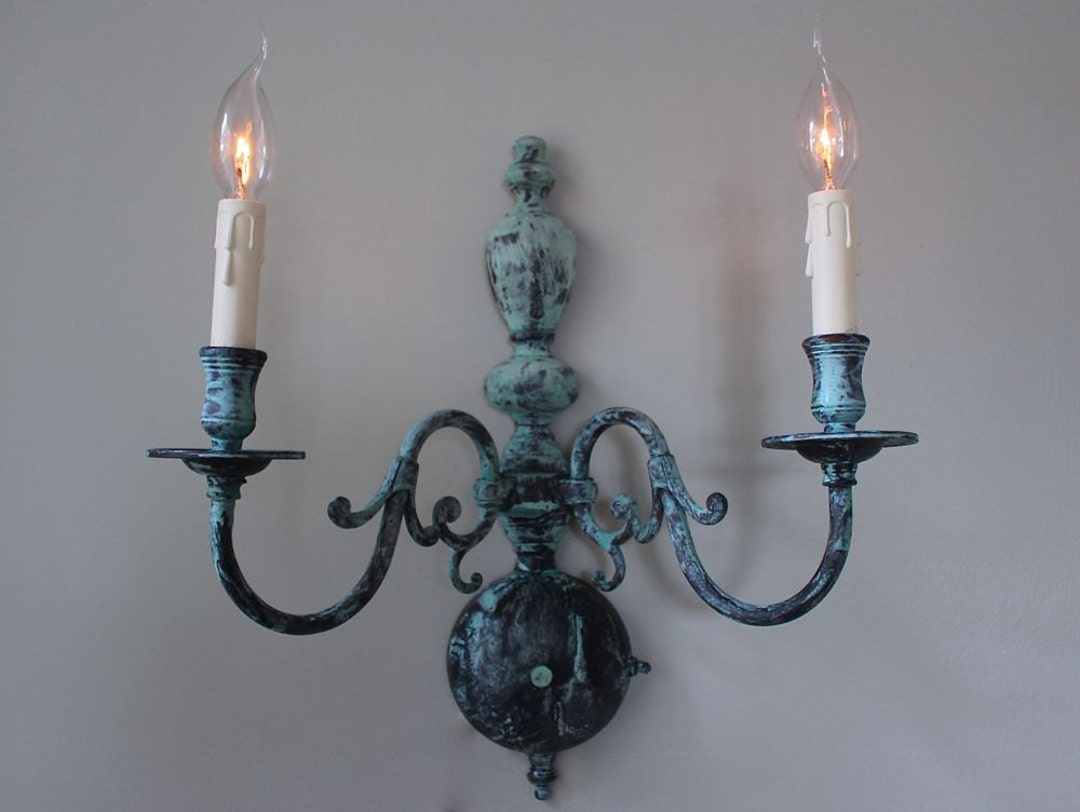 Vintage Patina Brass Wall Sconce: Distressed Blue Green Lighting - Etsy