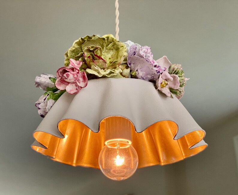 Pendant Light White Gold Brass Porcelain Flowers Ruffle Shade | Etsy