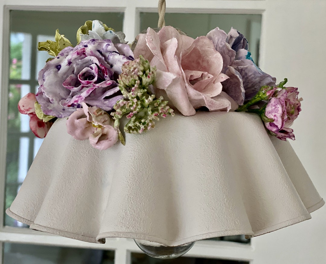 Pendant Light White Gold Brass Porcelain Flowers Ruffle Shade Metal ...
