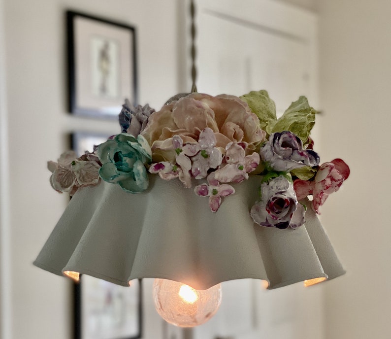 Pendant Light White Gold Brass Porcelain Flowers Ruffle Shade | Etsy