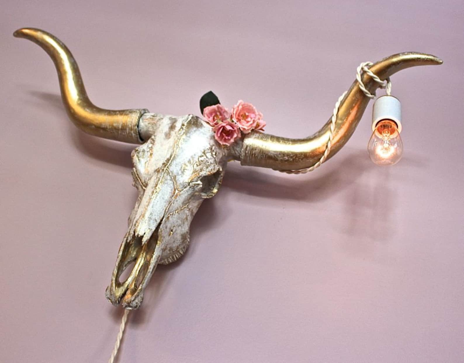 Bull Skull Wall Light Faux Taxidermy Cow White-brass Western | Etsy