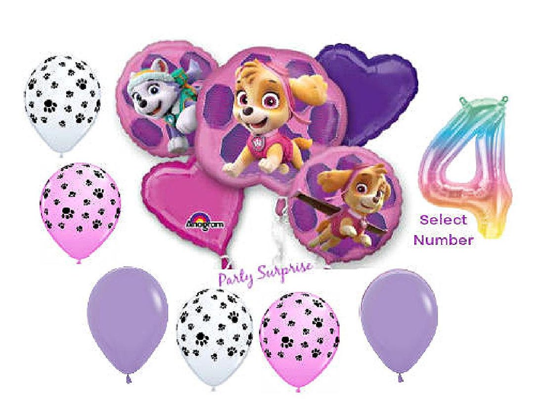 Paw Patrol Skye Balloon Bouquet: Pink, Lavender Paw Print Birthday ...