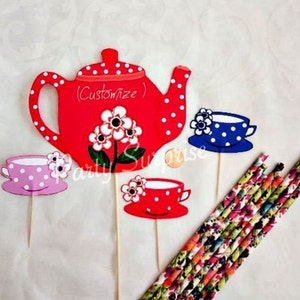 Tea Pot Cake Cupcake Toppers Custom Hand Made Tea Party Garden Ladies ...