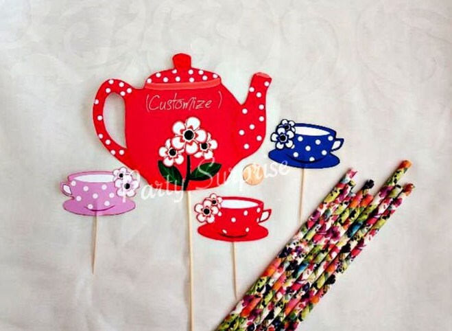 Tea Pot Cake Cupcake Toppers Custom Hand Made Tea Party Garden | Etsy