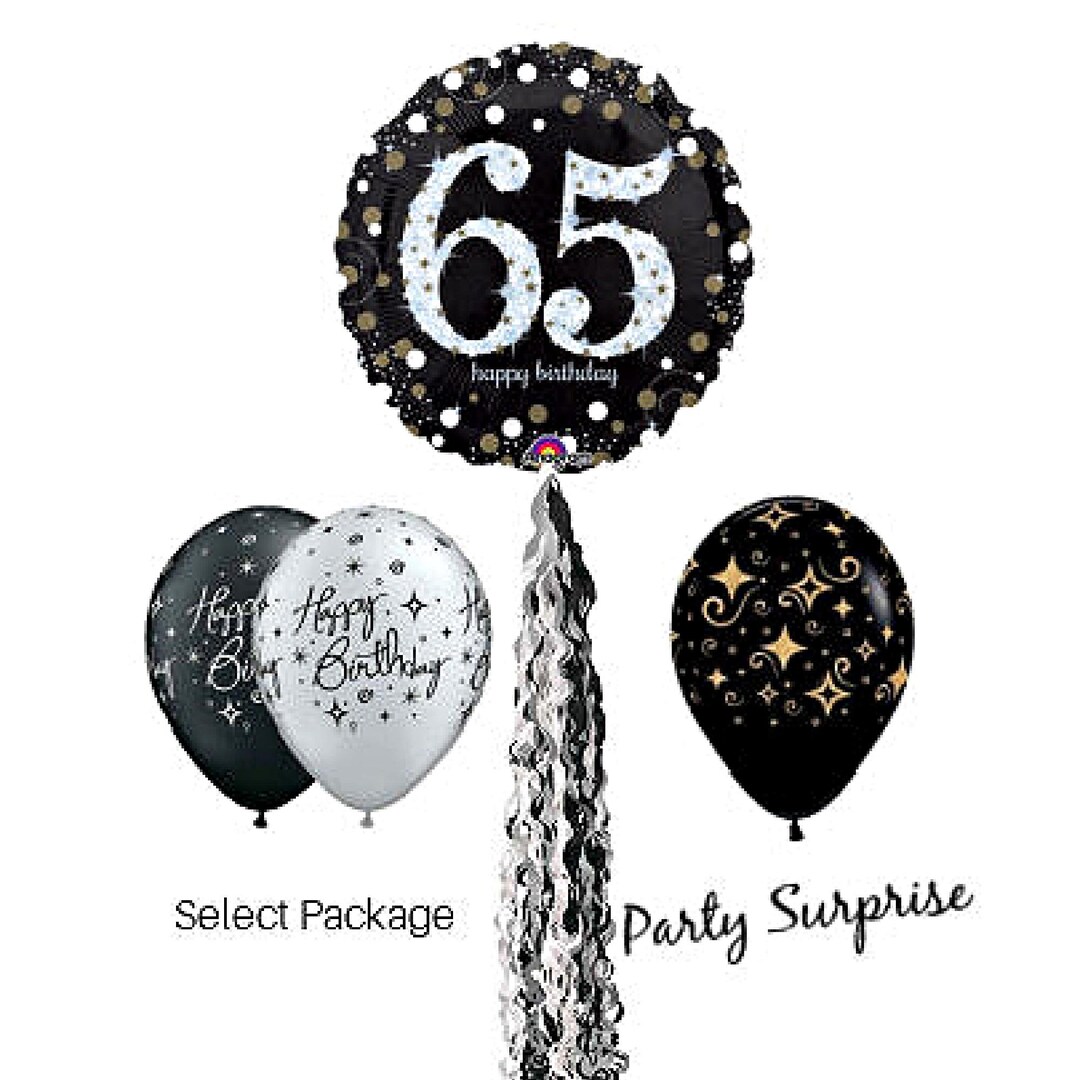 65th Birthday Balloon Package Happy Birthday Balloons Black Silver Gold ...