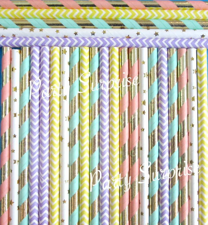 Pink and Blue Teal Straws Gold Foil Straws Striped Straws - Etsy