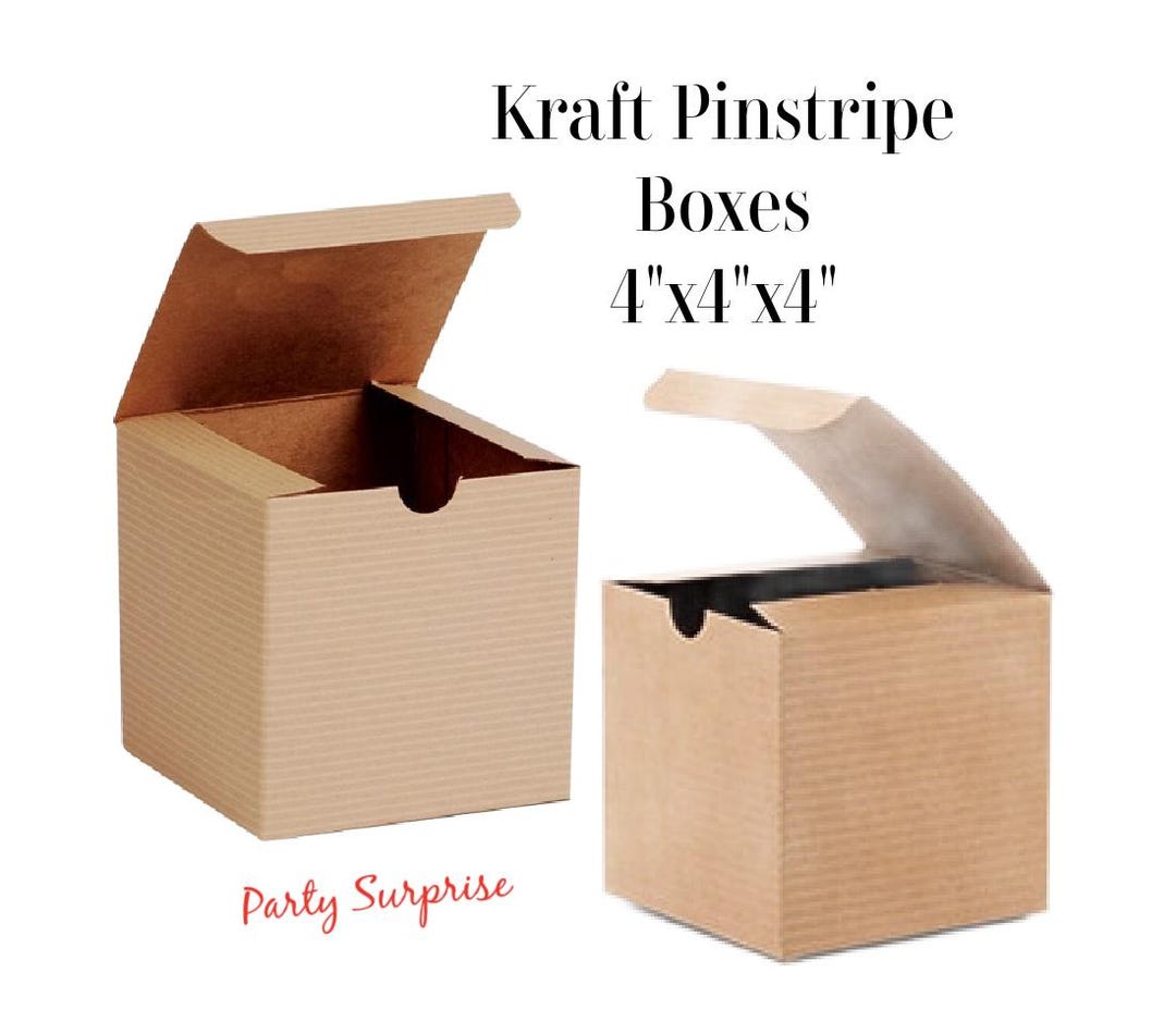 Kraft Pinstripe Cube Gift Box 4x4x4" With Metallic Bow - Etsy