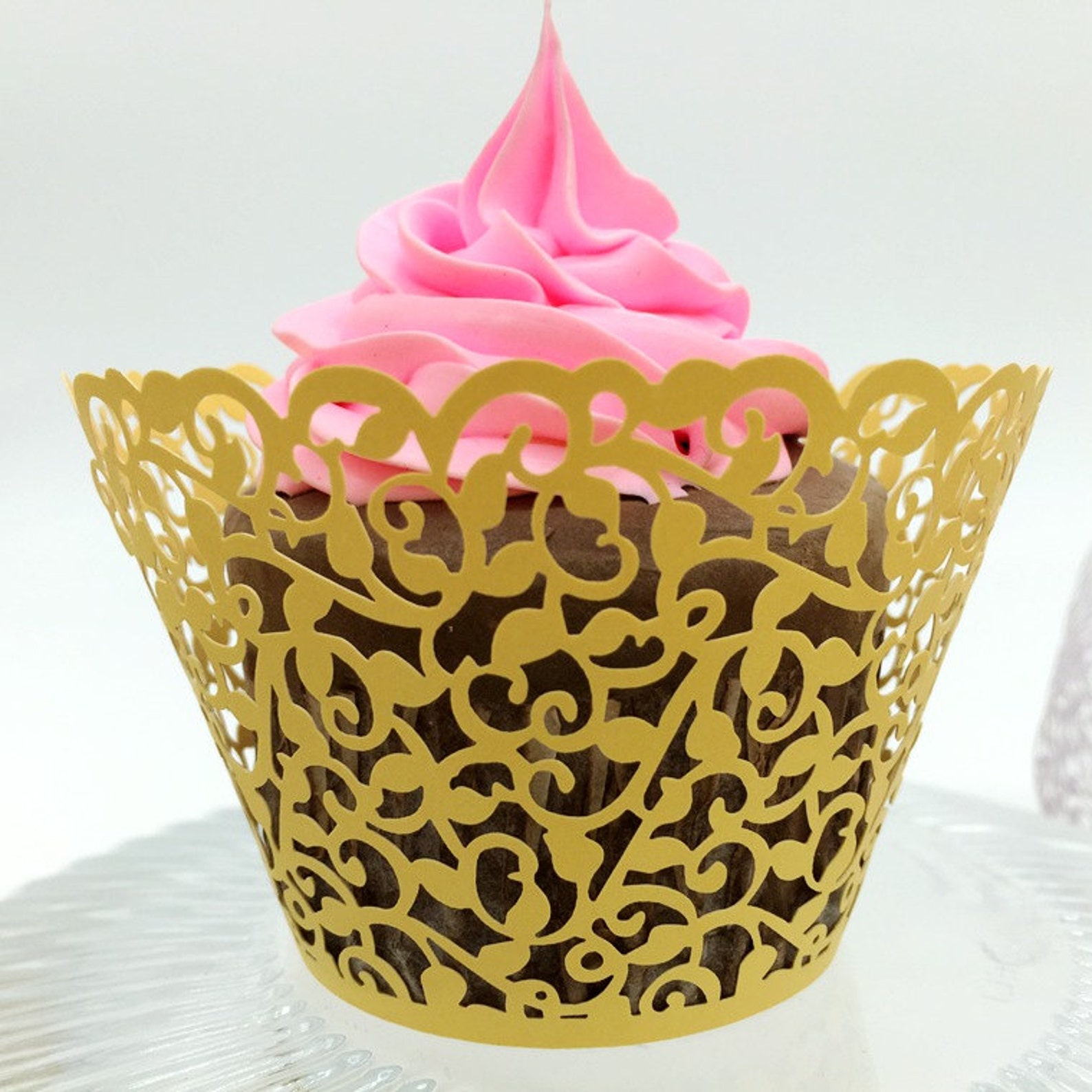Gold Cupcake Wrapper Lacy Vine Filigree Wedding Shower Birthday Dessert ...