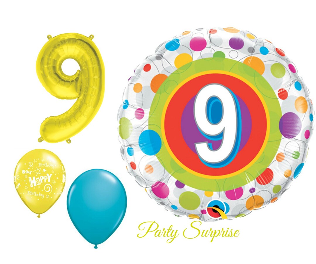 9th Birthday or Anniversary Balloon Package Mylar Foil Gold 9 Kids 9th ...