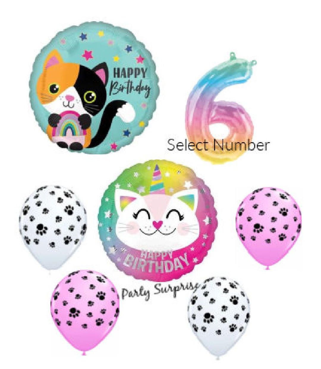 Cat Happy Birthday Balloon Pkg Calico Cat Caticorn Paw Print Pink White ...