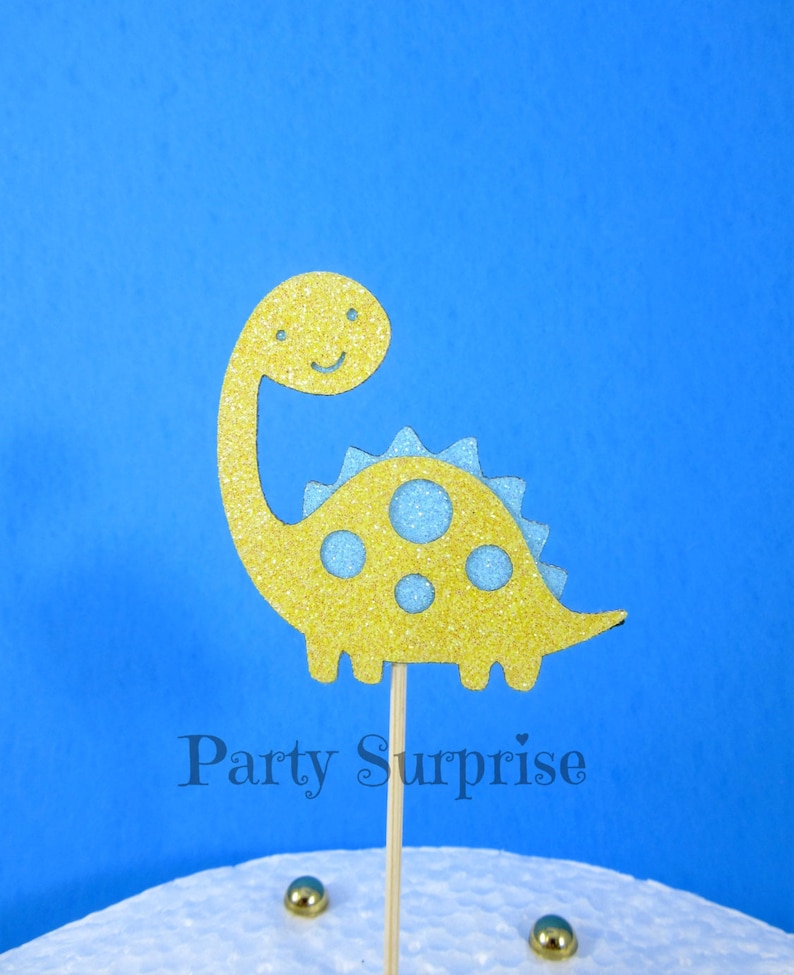 Dinosaur Cupcake and Cake Toppers Blue and Yellow Glitter - Etsy