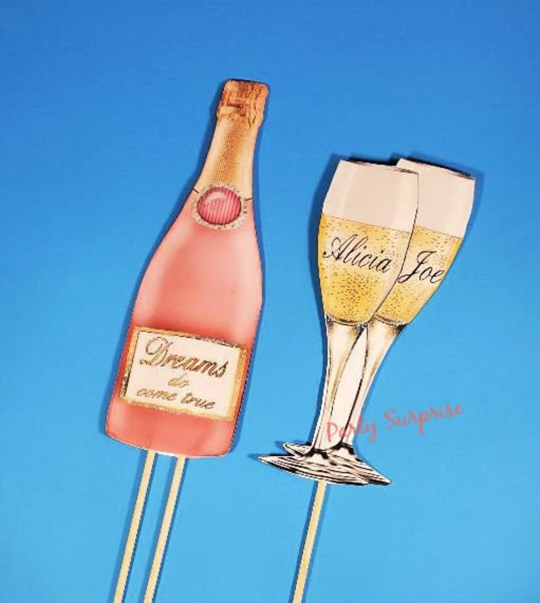 Pink Champagne Bottle Cheers Flutes Cake Topper Cupcake Toppers Banners ...
