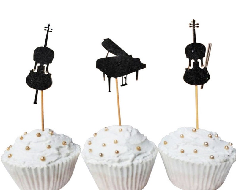 Music Cupcake Toppers Violin Cello Piano Black Glitter Cake - Etsy