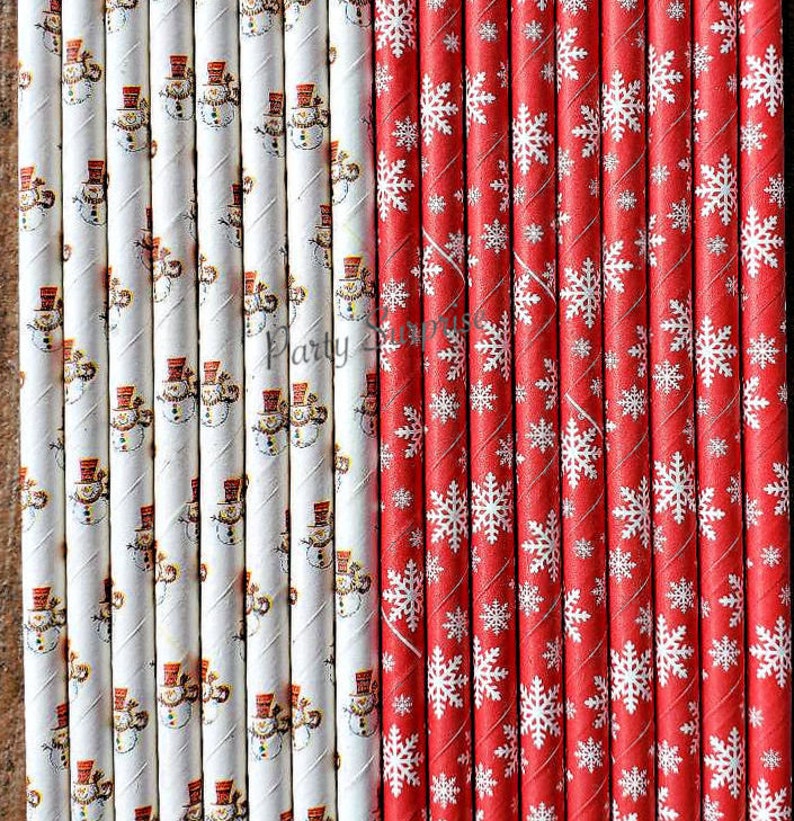 Christmas Paper Straws: Red, Green, Snowman & Snowflake - Etsy