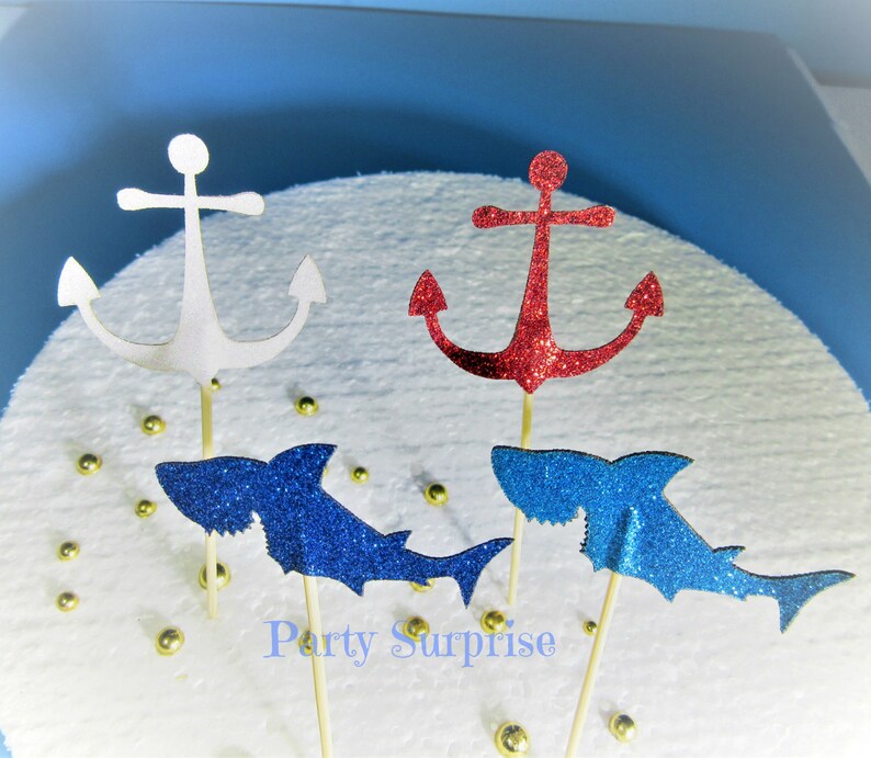 Shark Cupcake Toppers Anchors Nautical Party Blue Glitter Sharks Red ...