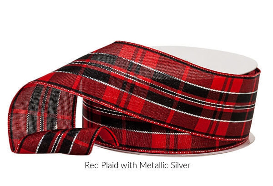Red Ribbon Red and Metallic Silver Plaid Wired Ribbon Christmas Ribbon ...