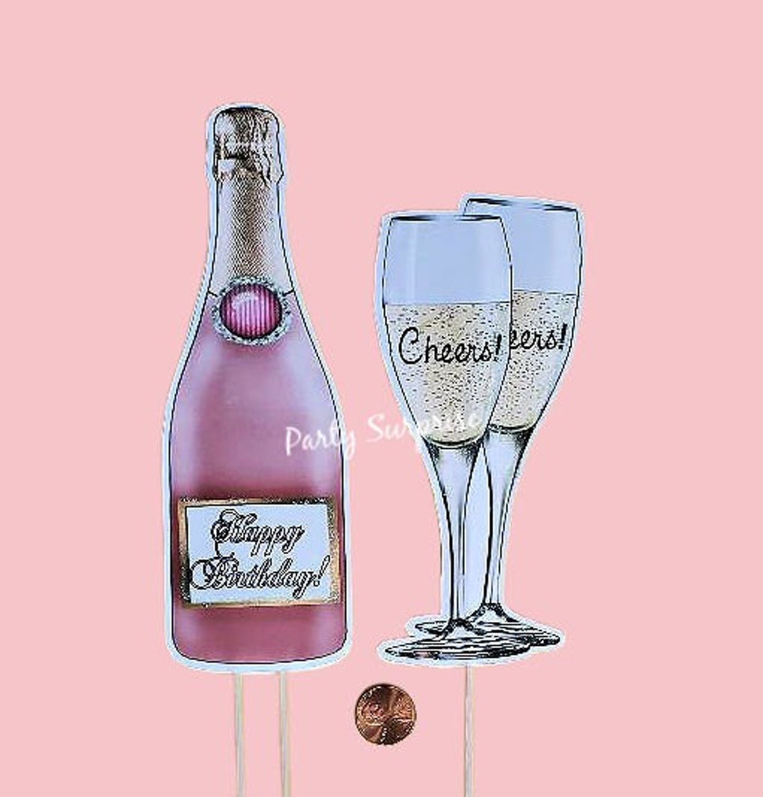 Pink Champagne Bottle Cheers Flutes Cake Topper Cupcake Toppers Banners ...