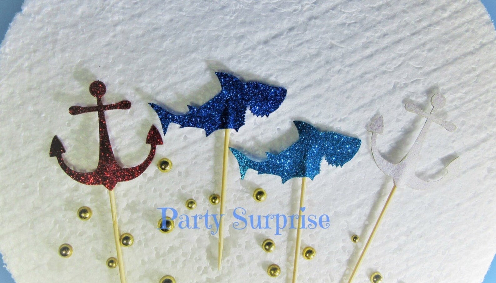 Shark Cupcake Toppers Anchors Nautical Party Blue Glitter Sharks Red ...
