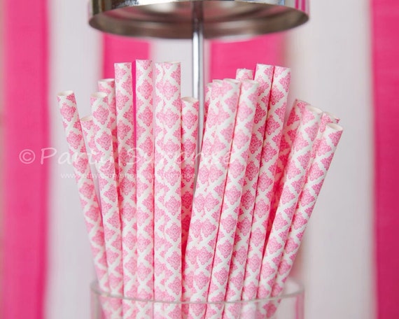 Pink Straws Damaskpink and White Damask Paper Strawswedding - Etsy