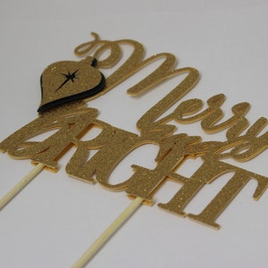 Black & Gold Merry and Bright Cake Topper, 1pc, Christmas, Black and ...