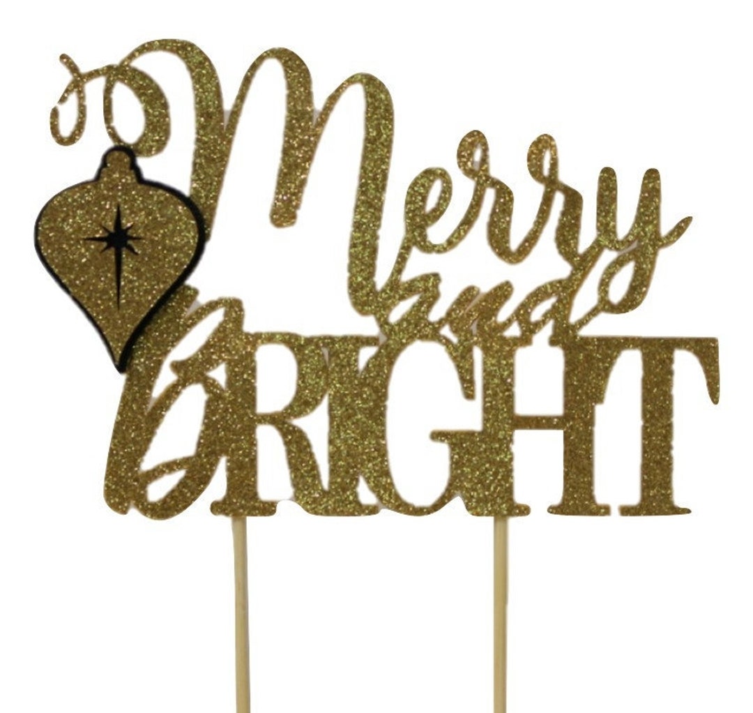 Black & Gold Merry and Bright Cake Topper, 1pc, Christmas, Black and ...