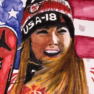 Original Aquarell 18 "X 24" Kunstwerk ""Au"" mit Mikaela Shiffrin ...