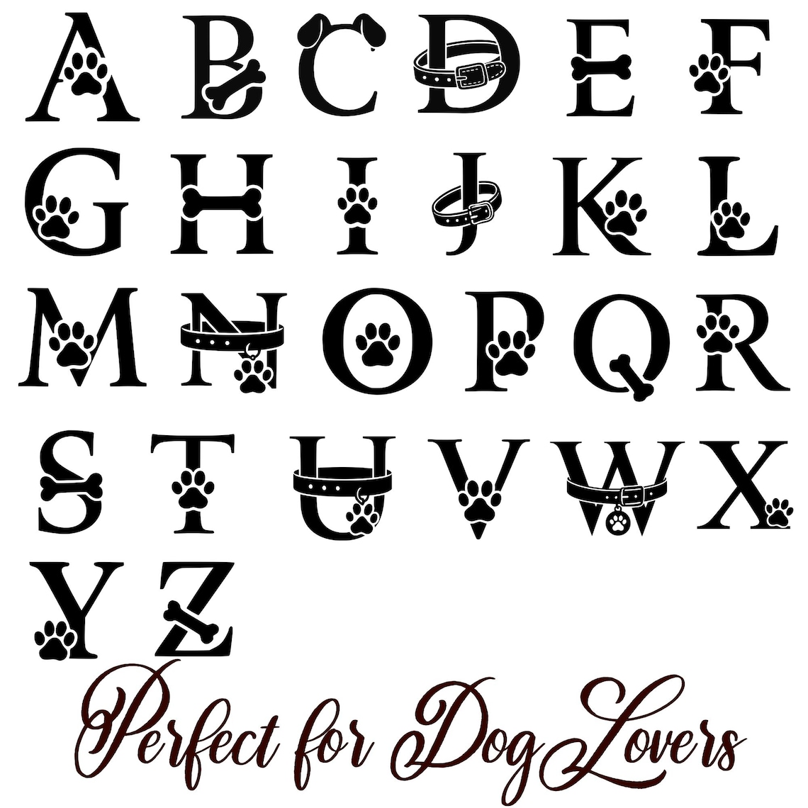Dog Alphabet Font A-Z | Pet Letters SVG PNG DXF | Puppy Paw Bone Collar ...
