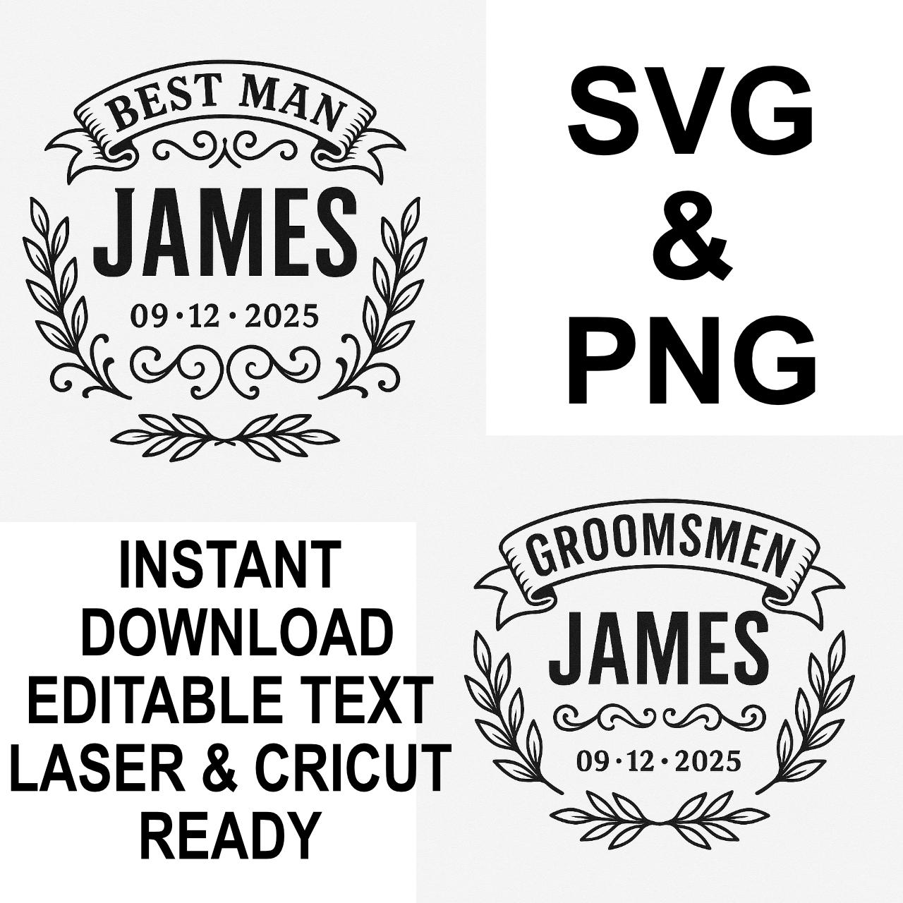 Best Man & Groomsmen SVG PNG Bundle, Editable Wedding Flask Coaster ...