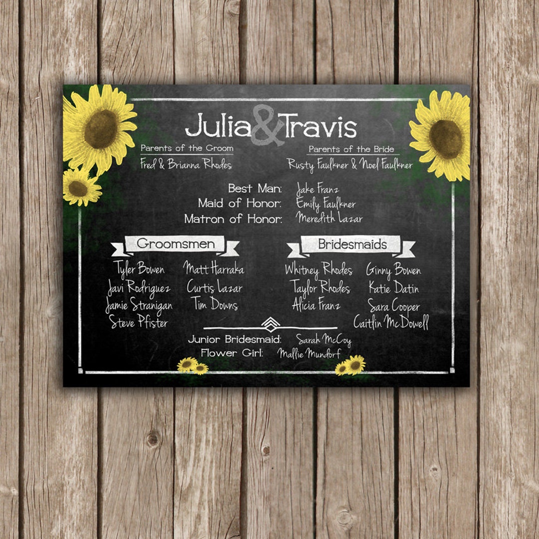 Chalkboard & Sunflower Style Wedding Bridal Party Chart - Etsy