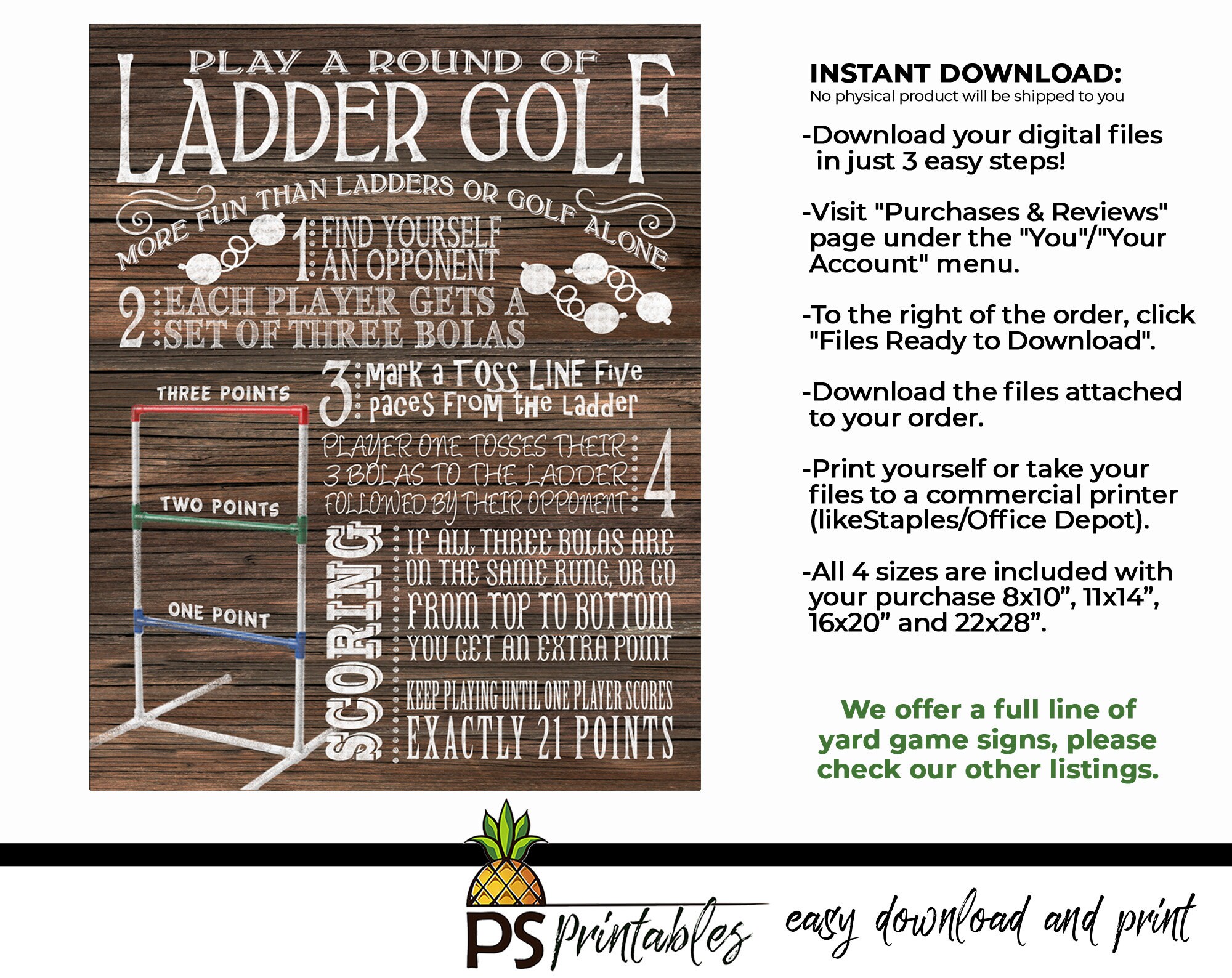 Ladder Golf Yard Game Sign PRINTABLE Backyard BBQ Yard Games Sign for Your Back Yard Wedding Graduation or Outdoor Party Etsy
