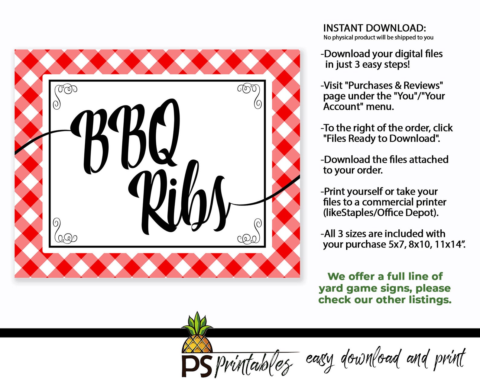 BBQ Ribs Sign PRINTABLE sign for your next Backyard BBQ | Etsy