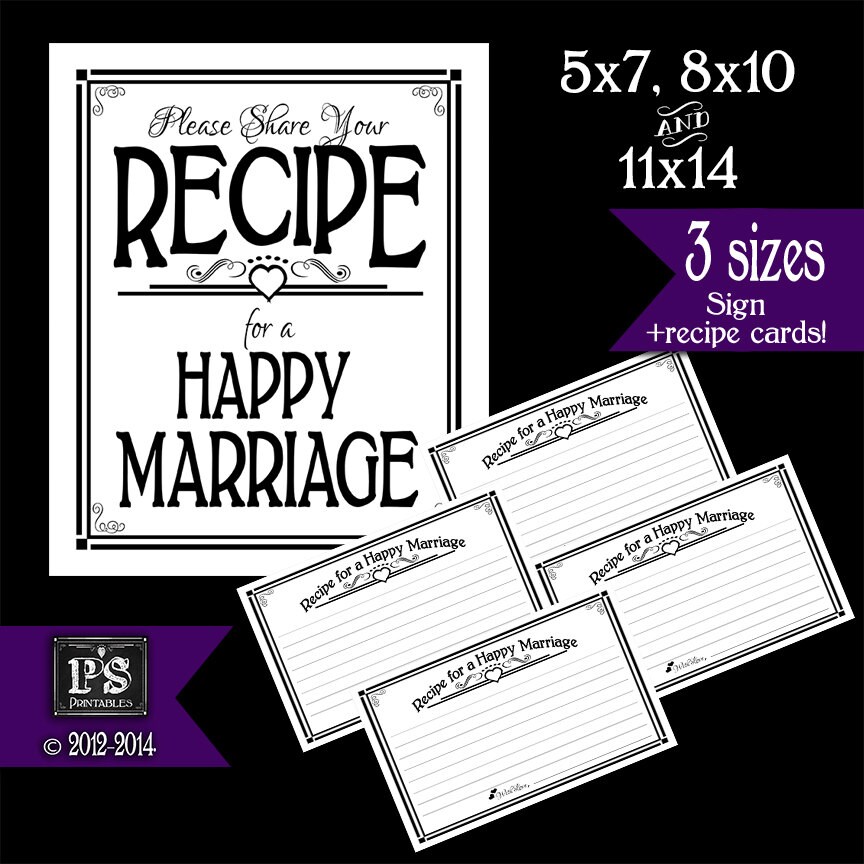 Recipe for a Happy Marriage Sign and Recipe Cards PRINTABLE - Etsy