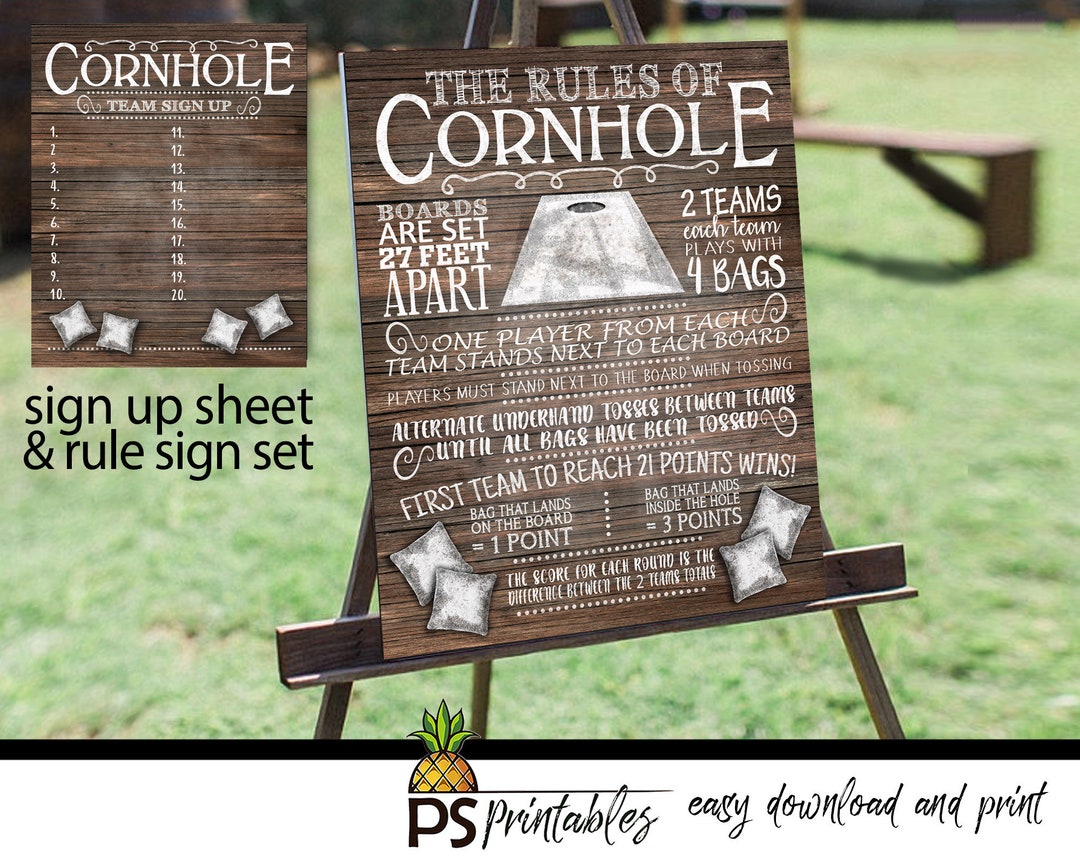 Cornhole Rules Yard Game Sign PRINTABLE Cornhole Sign With Signup Sheet ...