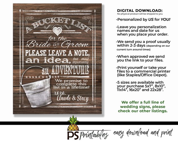 Bucket List Sign Printable Wedding Sign Personalized BUCKET LIST Rustic ...