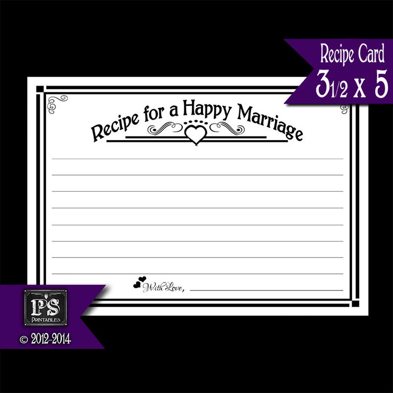 Recipe for a Happy Marriage Sign and Recipe Cards PRINTABLE | Etsy