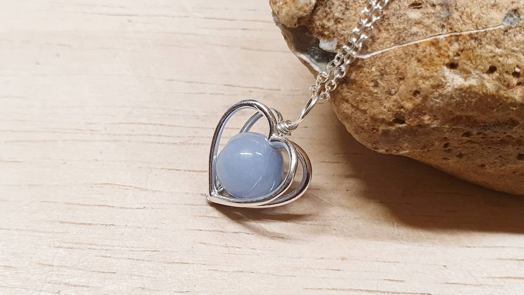 Minimalist Angelite Heart Pendant Necklace. Reiki Jewelry Uk. Sterling ...