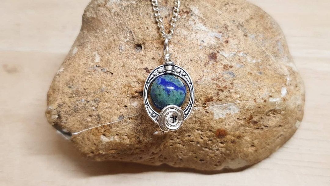 Small Rare Azurite Pendant. Crystal Reiki Jewelry Uk. Wire Wrapped Oval ...