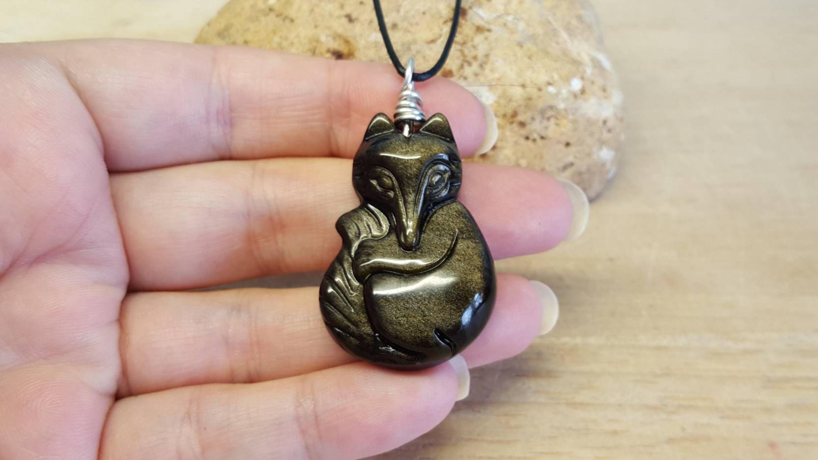 Golden sheen Obsidian fox pendant. Sterling silver. Reiki | Etsy