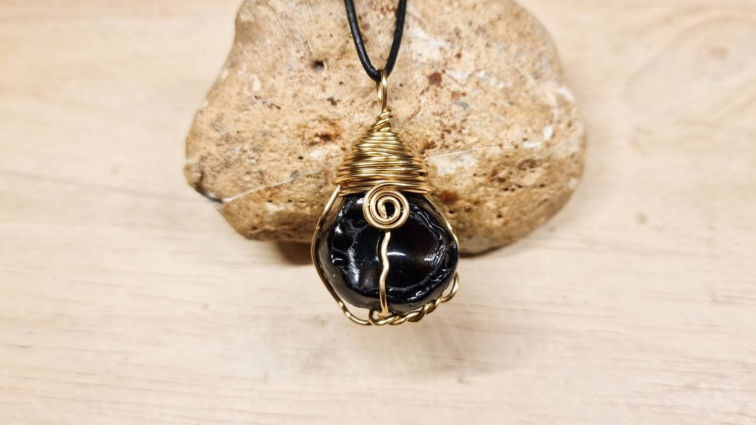 Rare Raw Apache Tear Pendant. Wire Wrap Necklace. Volcanic Black ...